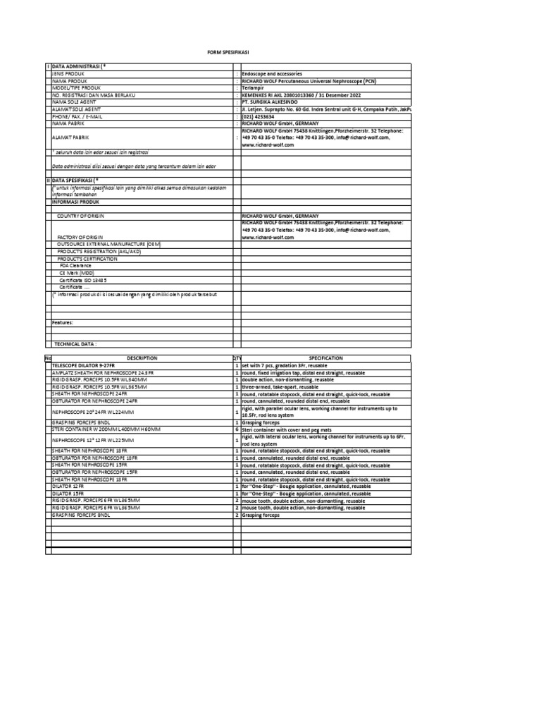 2021 Spec RICHARD WOLF PERCUTANEOUS UNIVERSAL NEPHROSCOPE PCN | PDF | Equipment