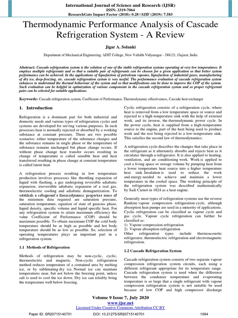 Thermodynamic Performance Analysis of Cascade Refrigeration System - A ...