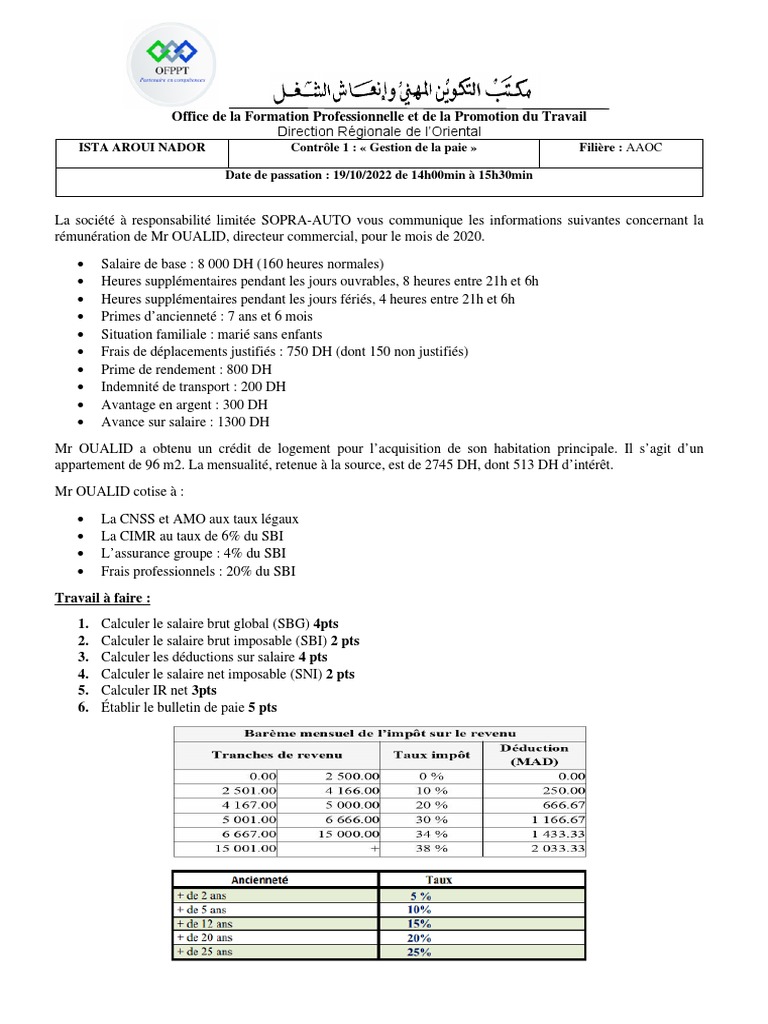 Controle 1 Gestion de La Paie | PDF | Finance et gestion monétaire