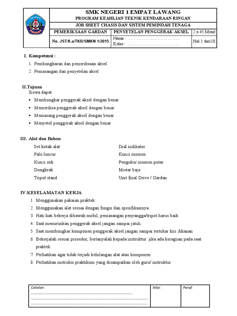 Jobsheet Pemeliharaan Gardan | PDF | Teknologi & Rekayasa