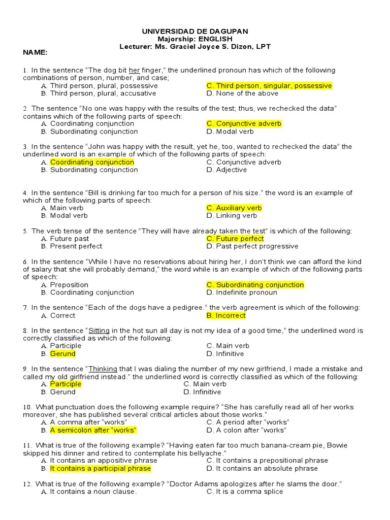 Majorship Pre Test English | PDF | Language Mechanics | Linguistics
