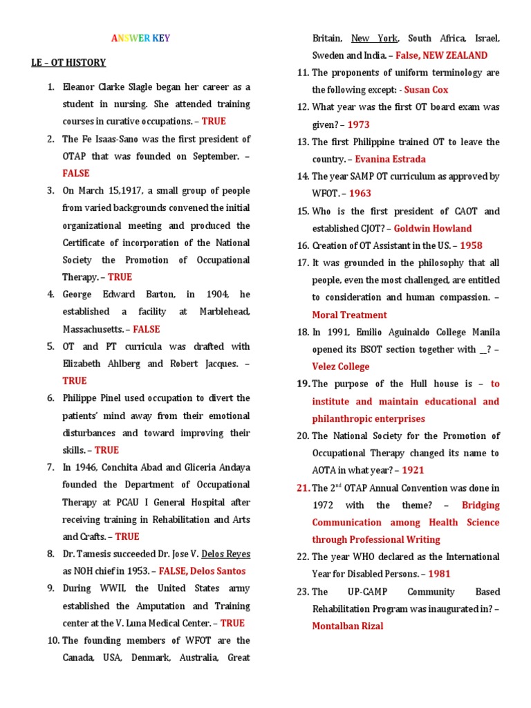 OT101 Exam Answer Key Summary | PDF | Occupational Therapy | Psychology
