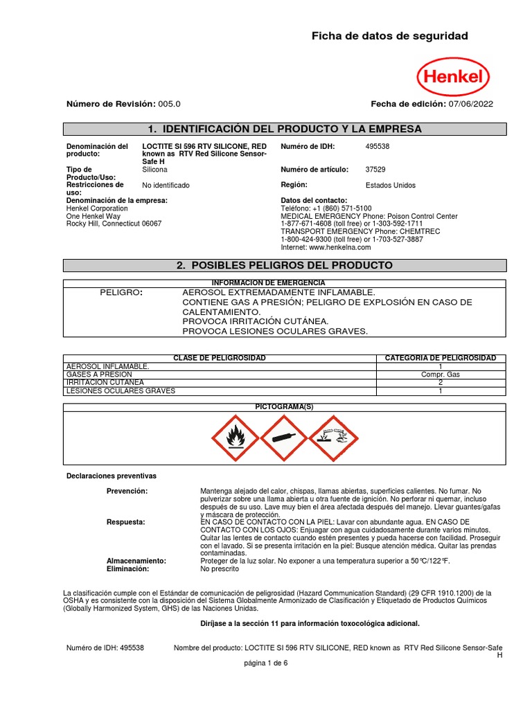 Ficha de Datos de Seguridad Silicona Roja Alta Temperatura | PDF | Formaldehído | Agua