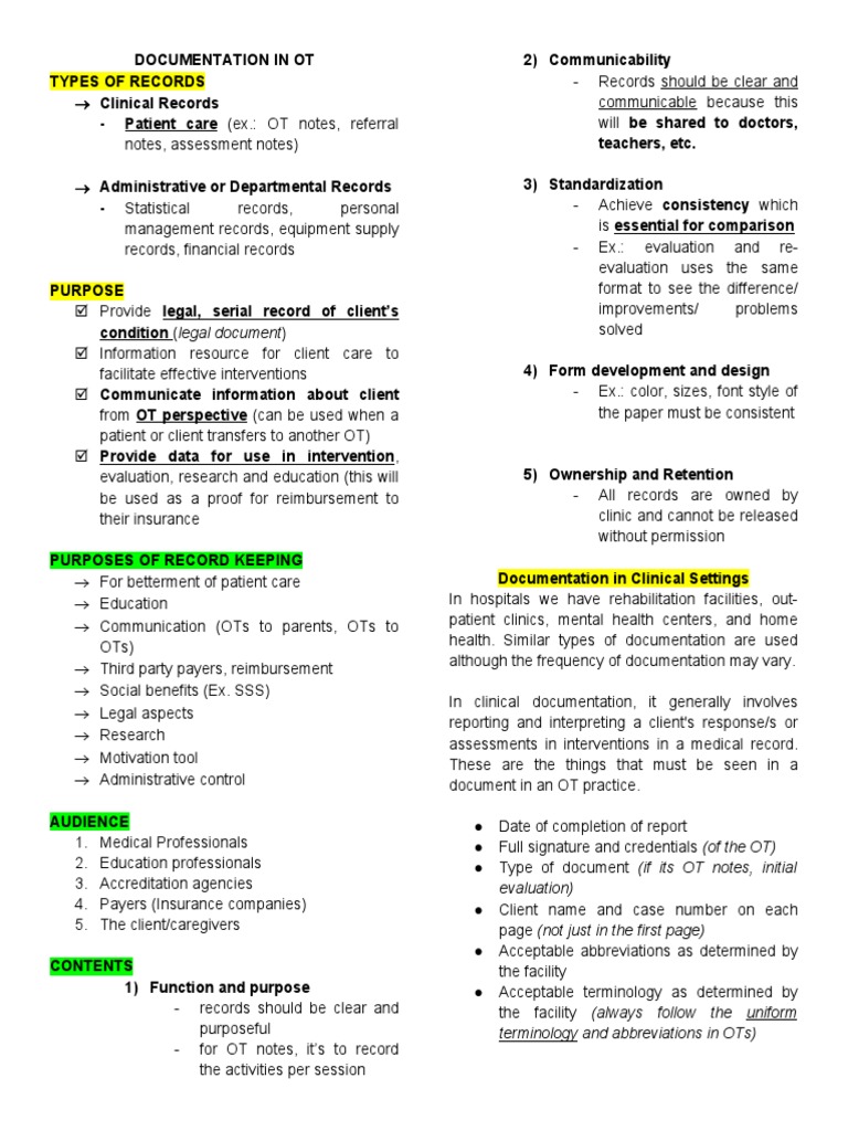 Ot Documentation Notes | PDF | Occupational Therapy | Evaluation