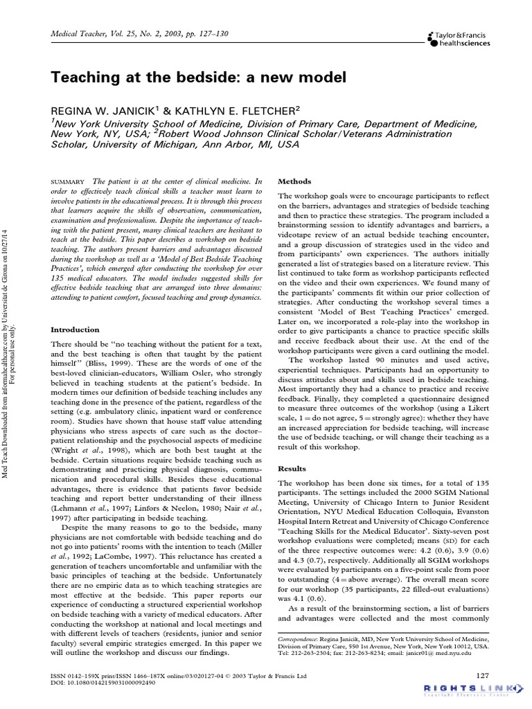 A New Model for Effective Bedside Teaching: Overcoming Barriers and ...