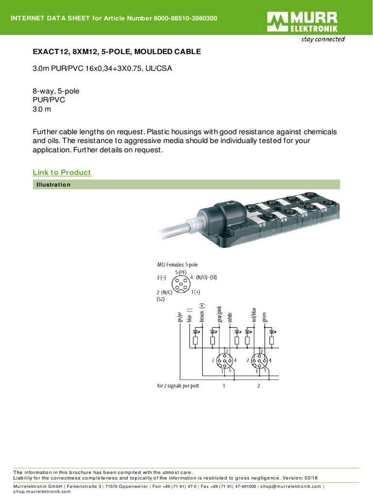 Murr D-71570 Cable Datasheet | PDF