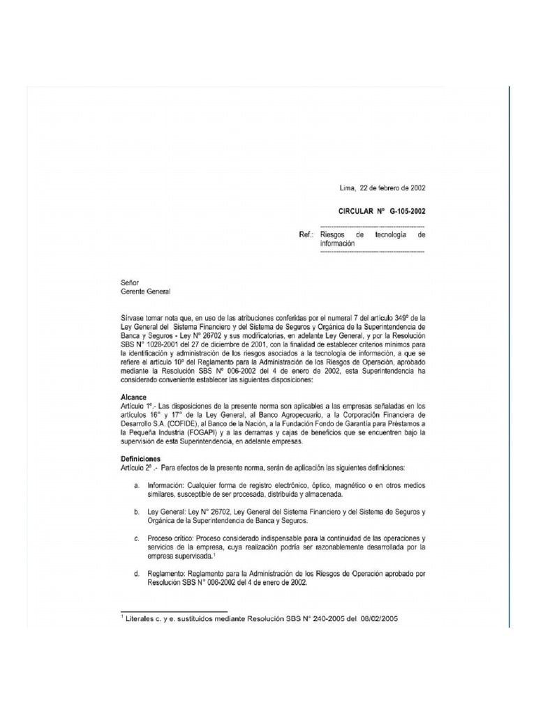 SBS Circular G-105-2002 - Riesgos de Tecnología de Información | PDF