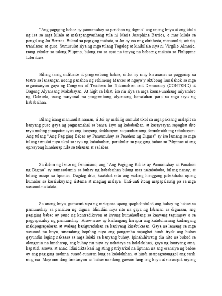 Art Critique - Ang Pagiging Babae Ay Pamumuhay Sa Panahon NG Digma | PDF