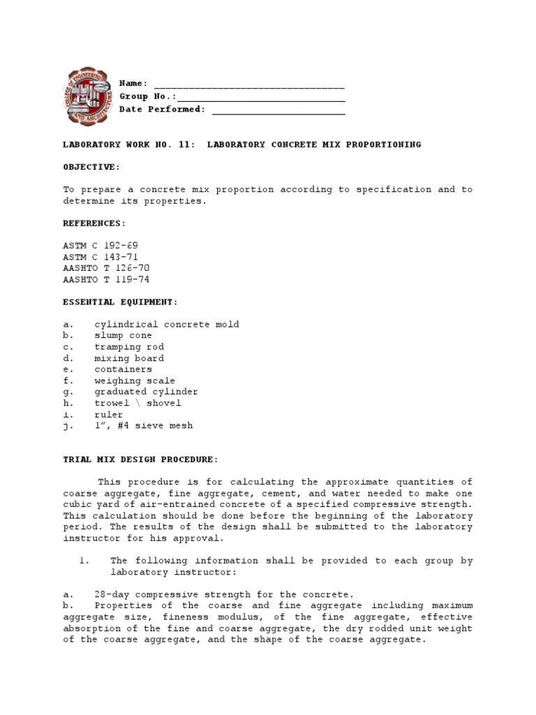 CMT Laboratory 11 Concrete Mix Proportions | PDF | Concrete | Materials