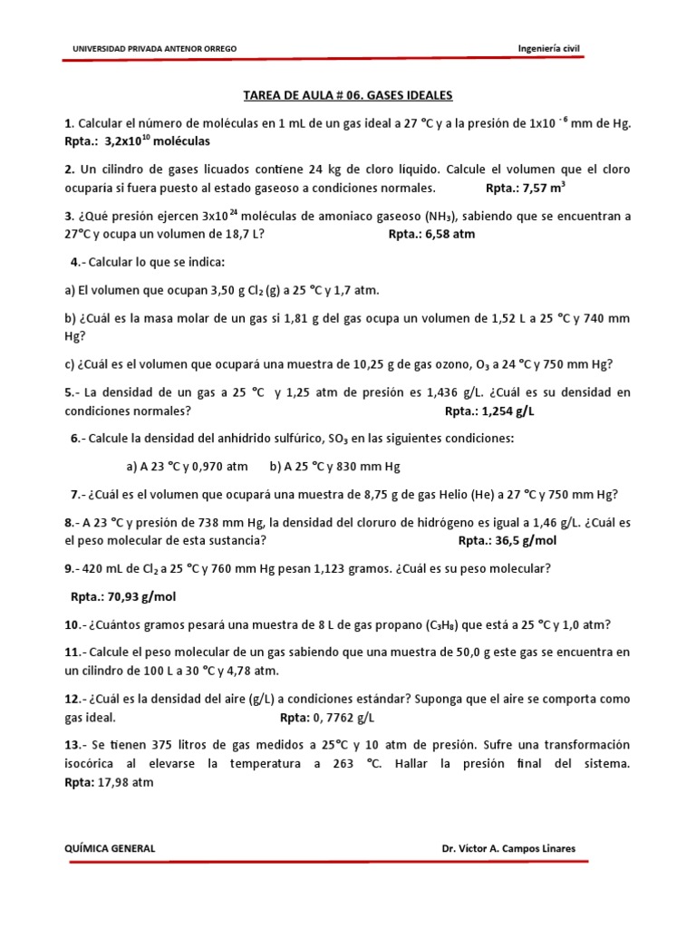 Tarea de Aula # 5. Gases Ideales | PDF | Gases | Mole (Unidad)