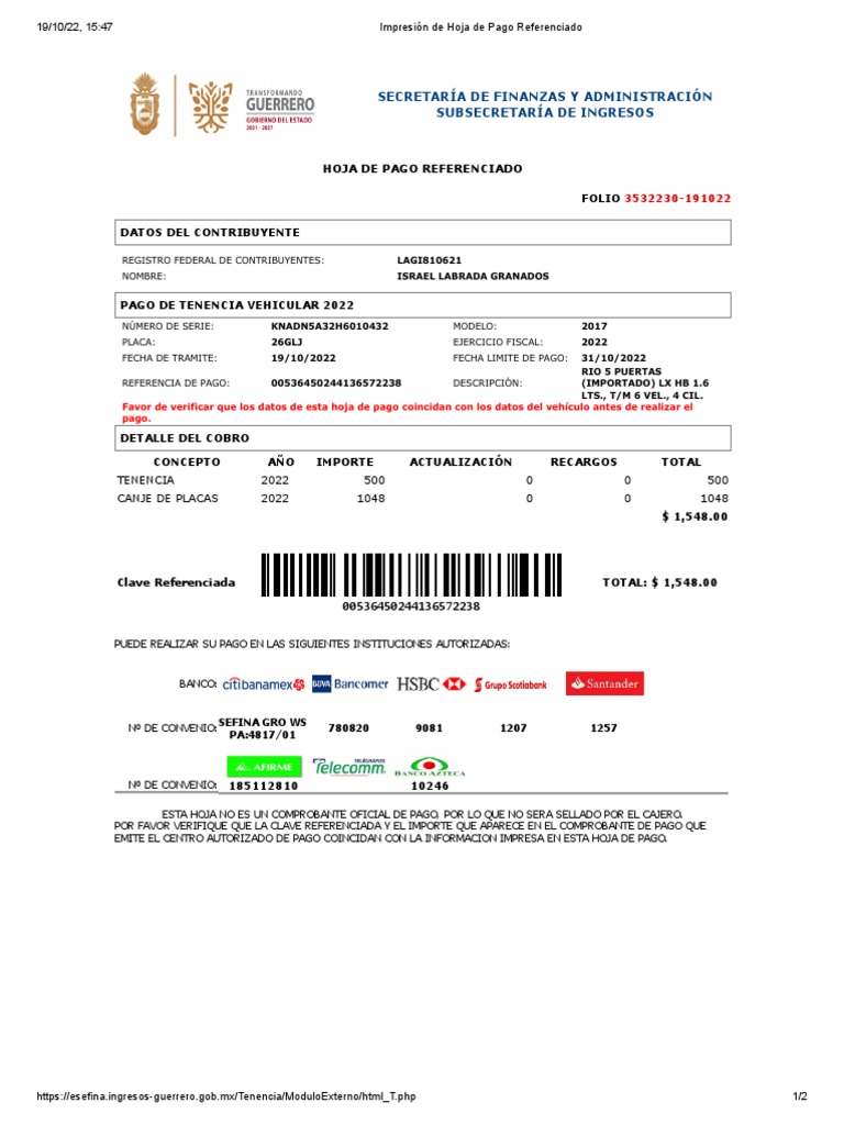 Hoja de pago referenciado para tenencia vehicular 2022 en Guerrero, México | PDF