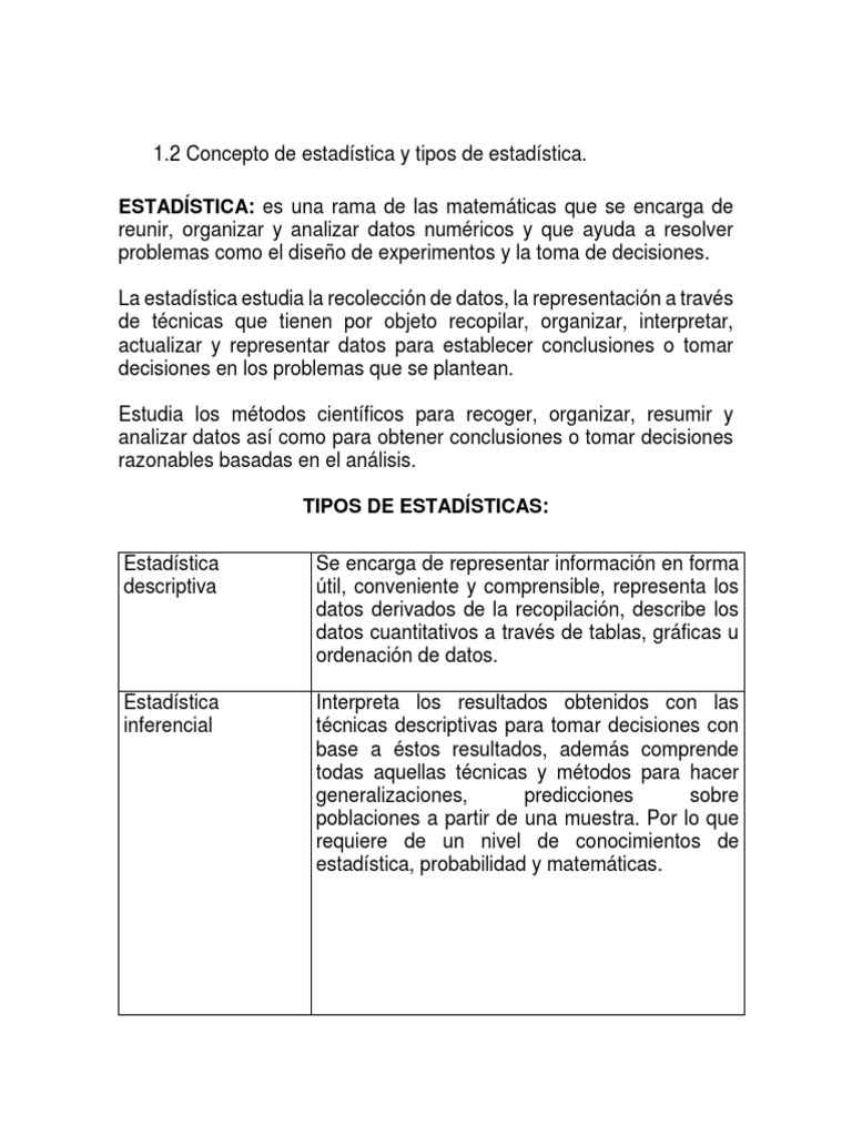 Concepto de Estadística y Tipos de Estadística | PDF | Estadísticas ...