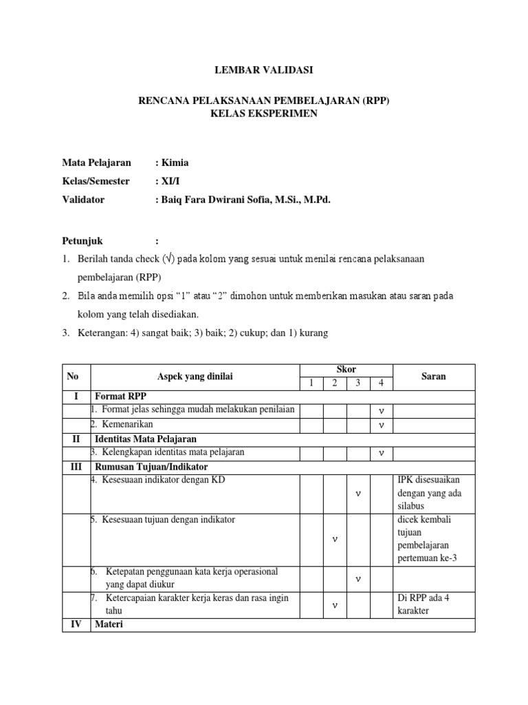 Hasil Validasi RPP Kelas Eksperimen | PDF