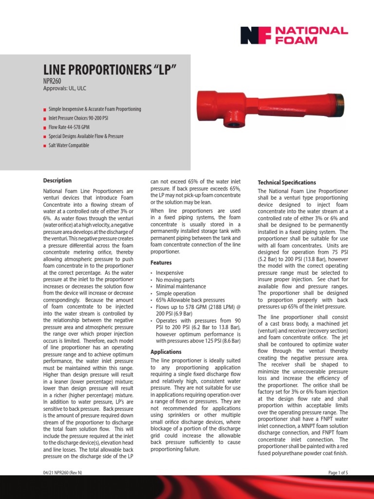 NPR260 Line Proportioners | PDF | Flow Measurement | Chemical Engineering