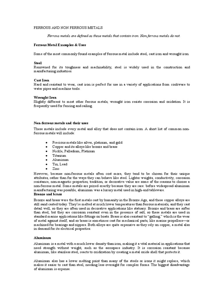 Ferrous and Non Ferrous Metals | PDF | Metals | Bronze