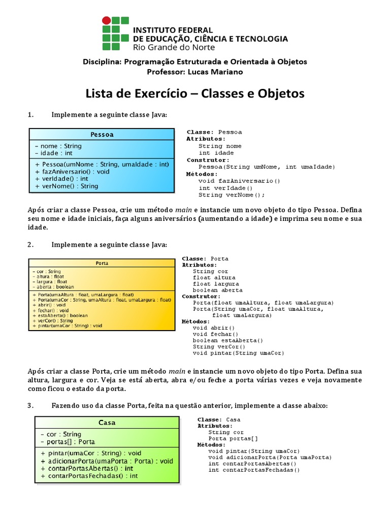 Lista De Exercicios Classes E Objetos Pdf Classe Programação De Computadores Método