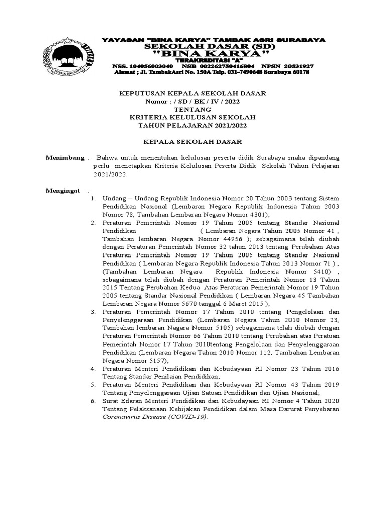 Kriteria Kelulusan SD 2021/2022 | PDF