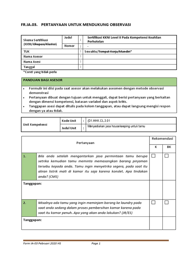 Fr. Ia.03. Pertanyaan Untuk Mendukung Observasi | PDF