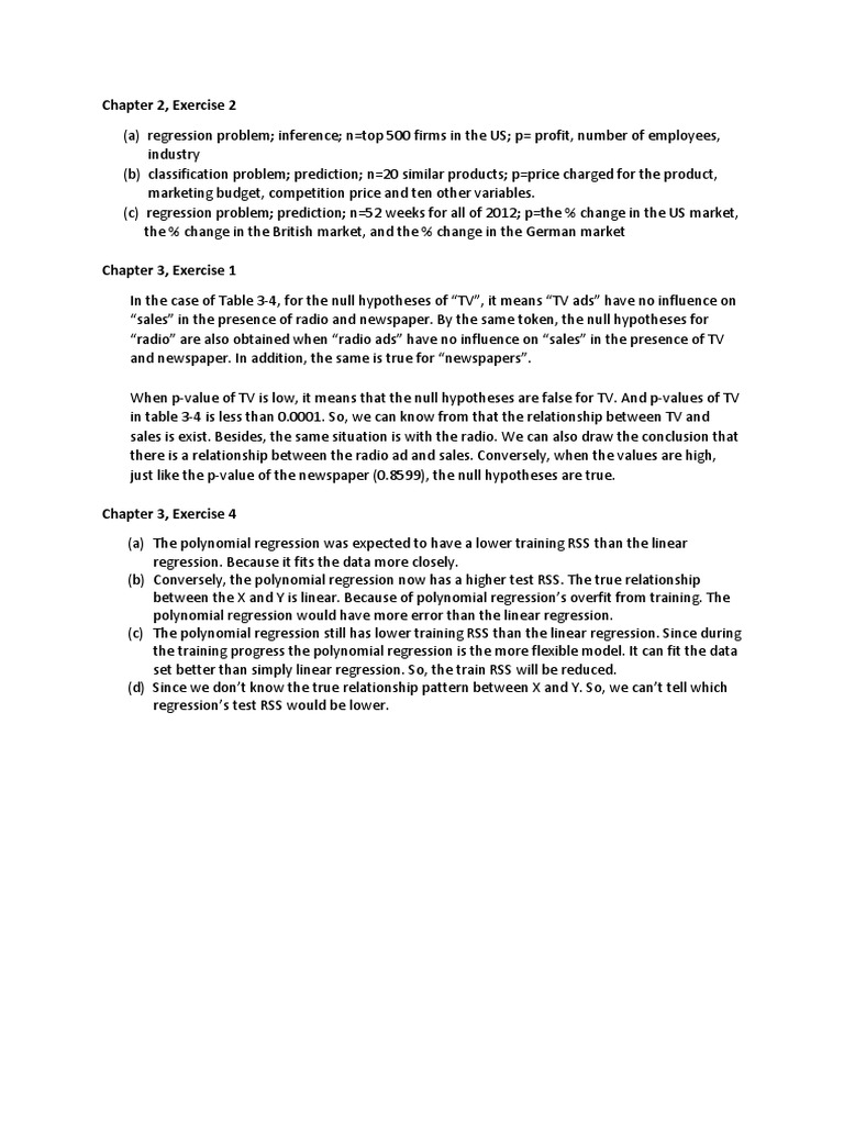Chapter 2, Exercise 2 | PDF | Regression Analysis | P Value