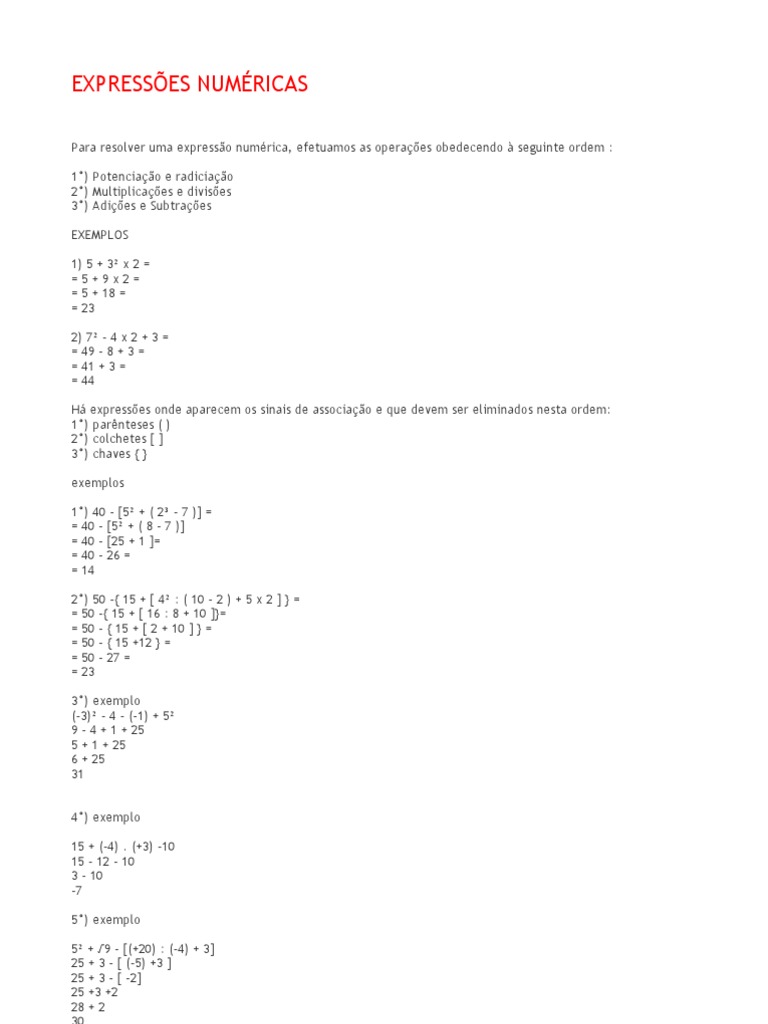 Lista de Exercicios - EXPRESSÕES NUMÉRICAS | PDF