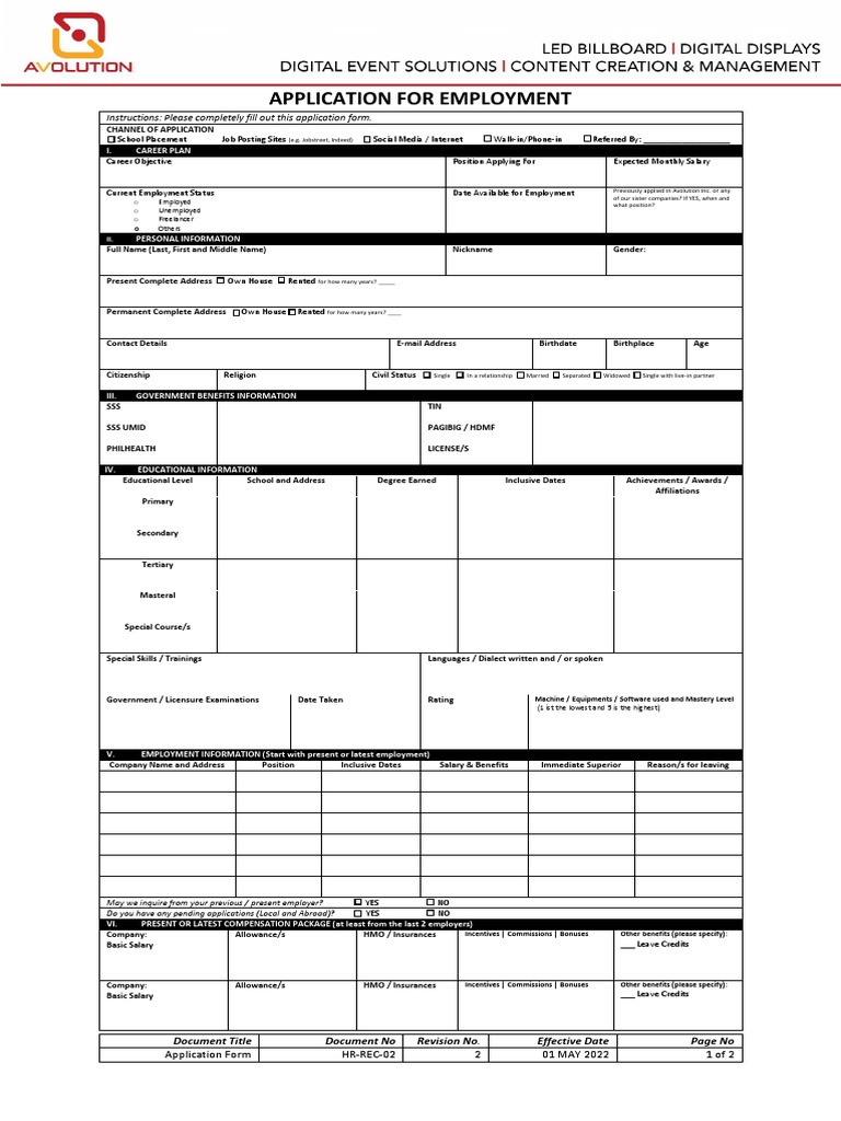 HR-REC-02 Application Form Rev - 2 | PDF | Employment | Health Sciences