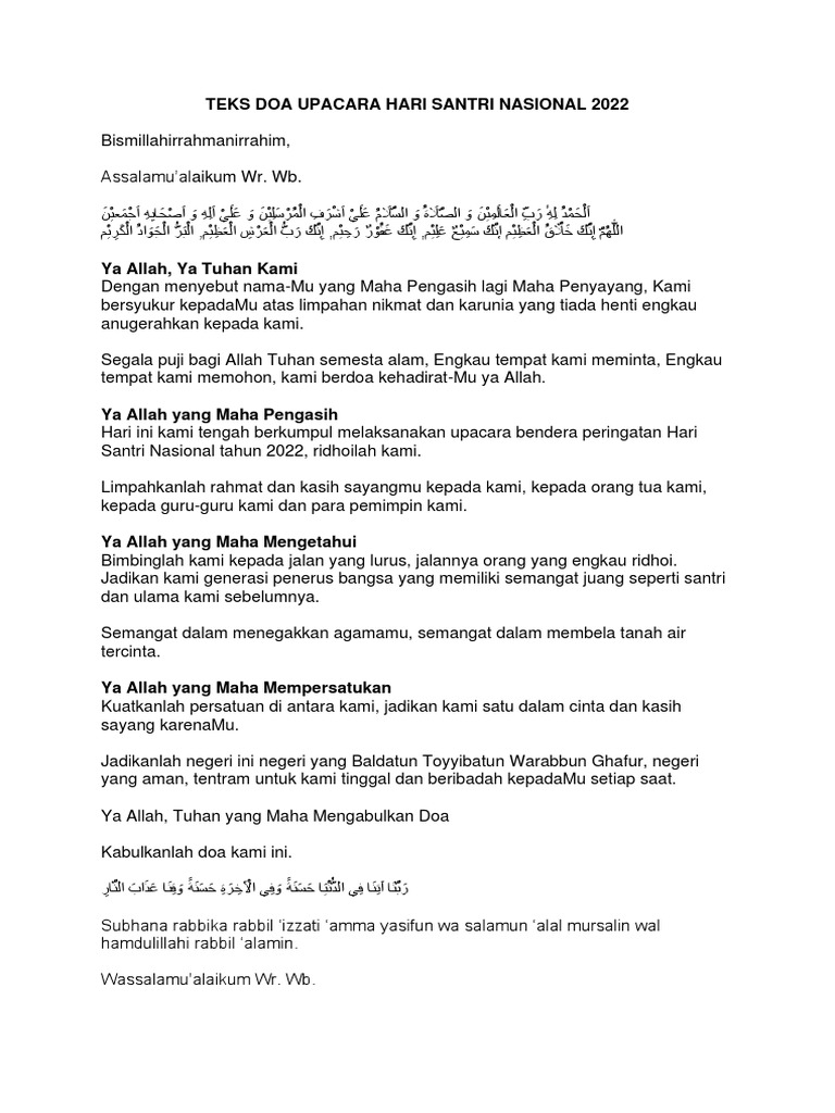 Teks Doa Upacara Hari Santri 2022 | PDF | Agama & Spiritualitas
