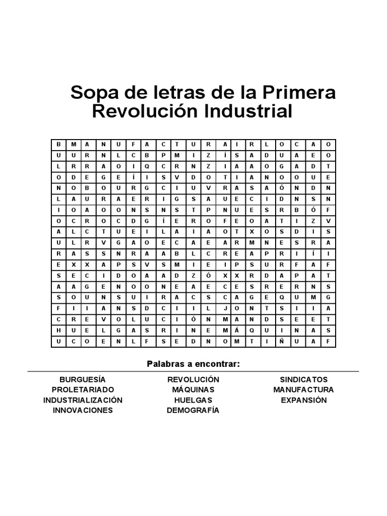 Sopa de Letras de Primera Revolución Industrial | PDF