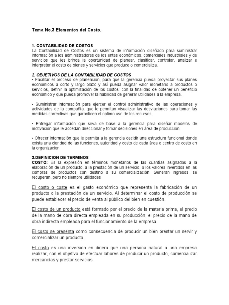 Análisis completo de los elementos y objetivos de la contabilidad de costos | PDF | Costo ...