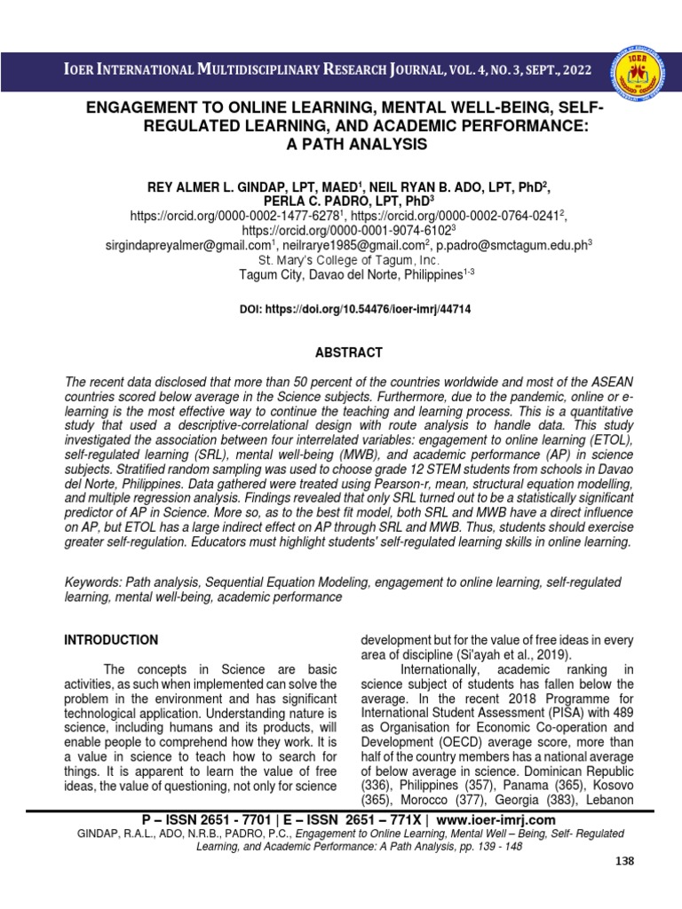 Engagement To Online Learning, Mental Well - Being, Self - Regulated Learning, and Academic ...