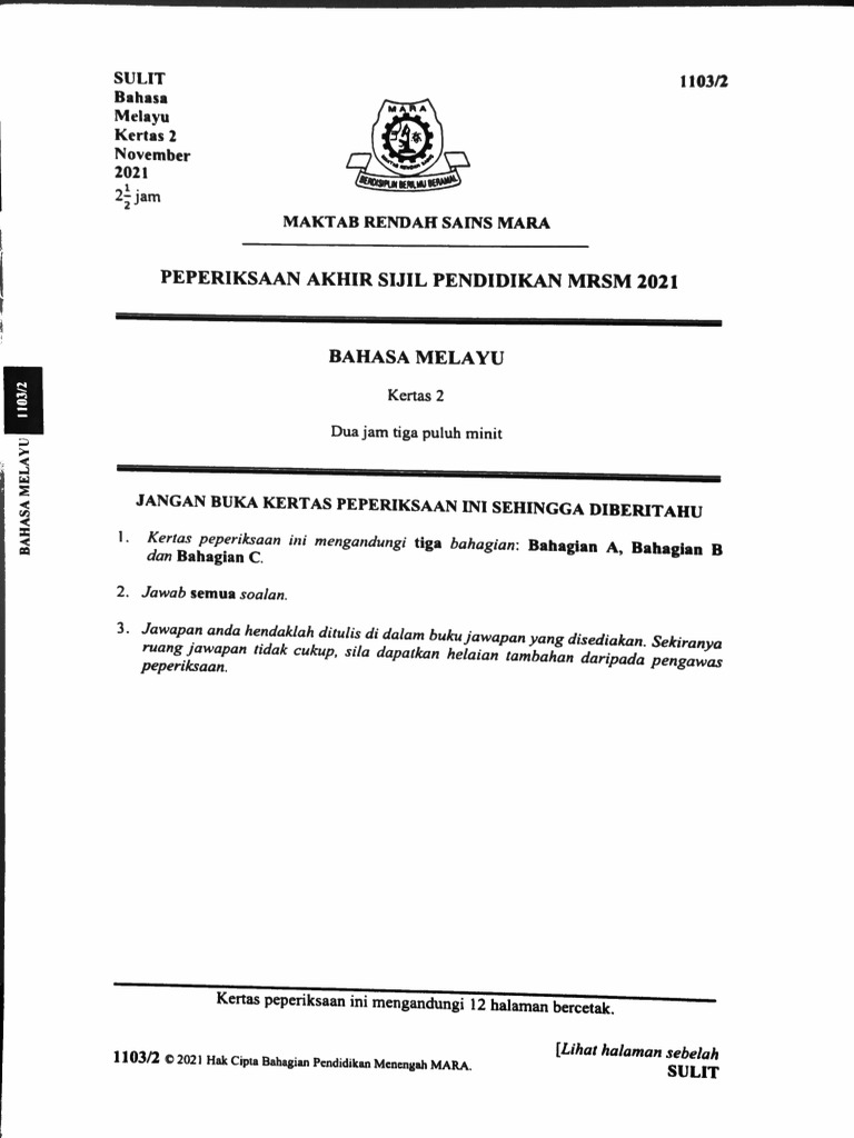 2021 MRSM Bahasa - Melayu K2 | PDF