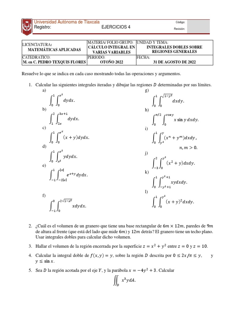 Ejercicios 4 Civv 2022 | PDF | Integral | Conceptos matemáticos