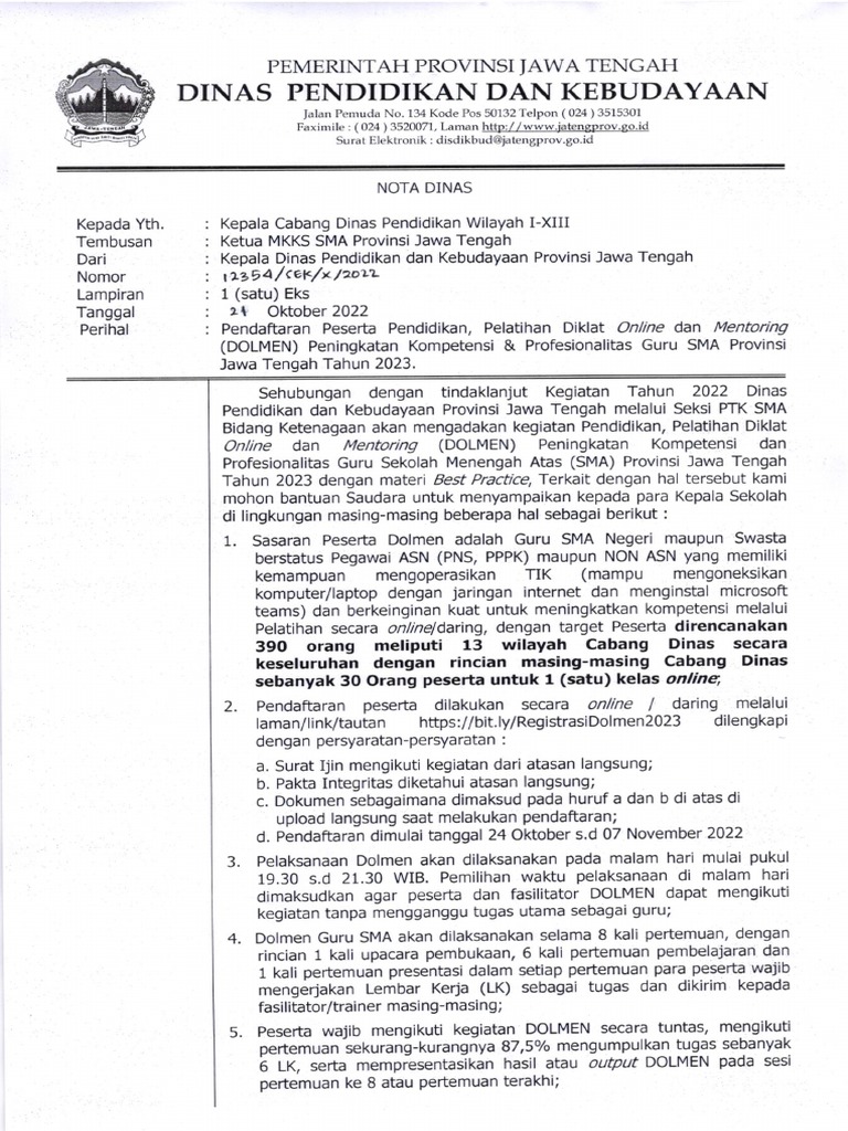 Nota Dinas Dinas Pendidikan Provinsi Jawa Tengah Mengenai Pendaftaran ...