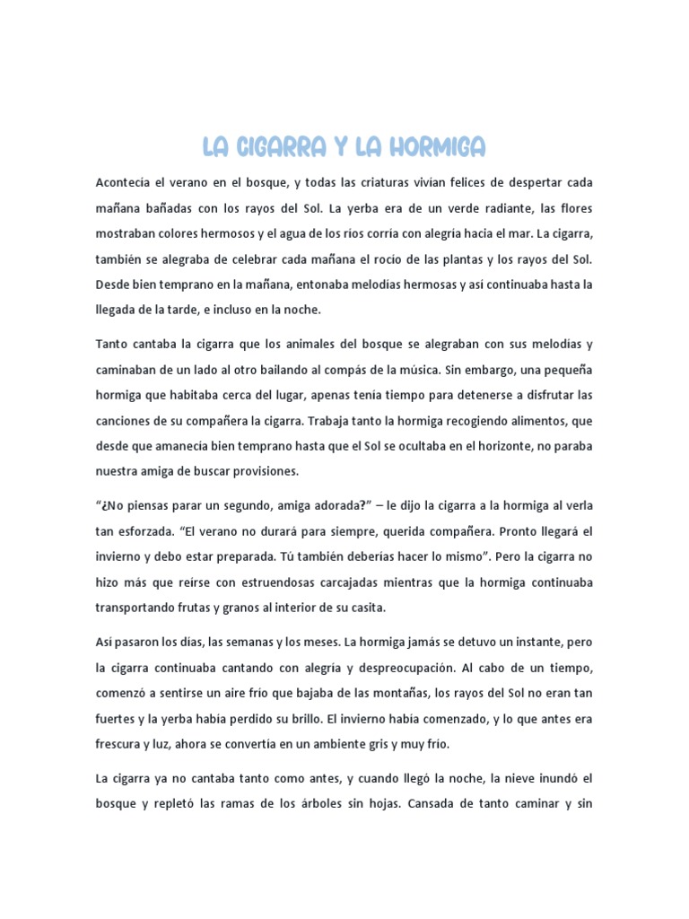La cigarra y la hormiga: Moraleja infantil | PDF | Hormiga