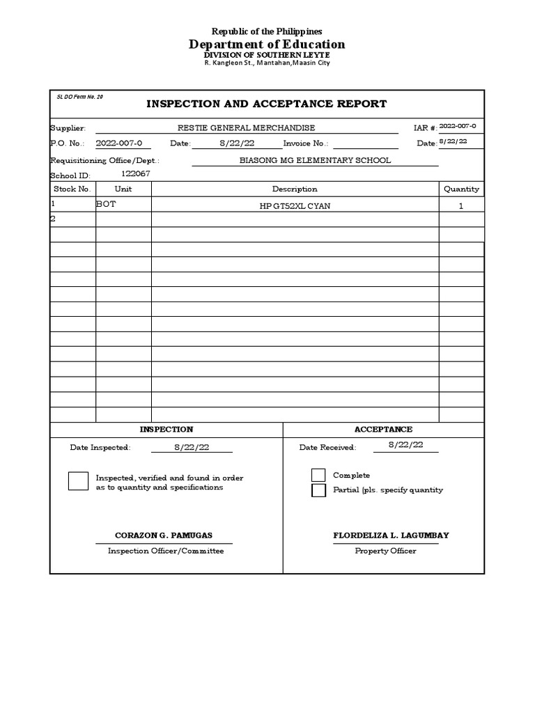 Inspection and Acceptance Report (IAR) | PDF