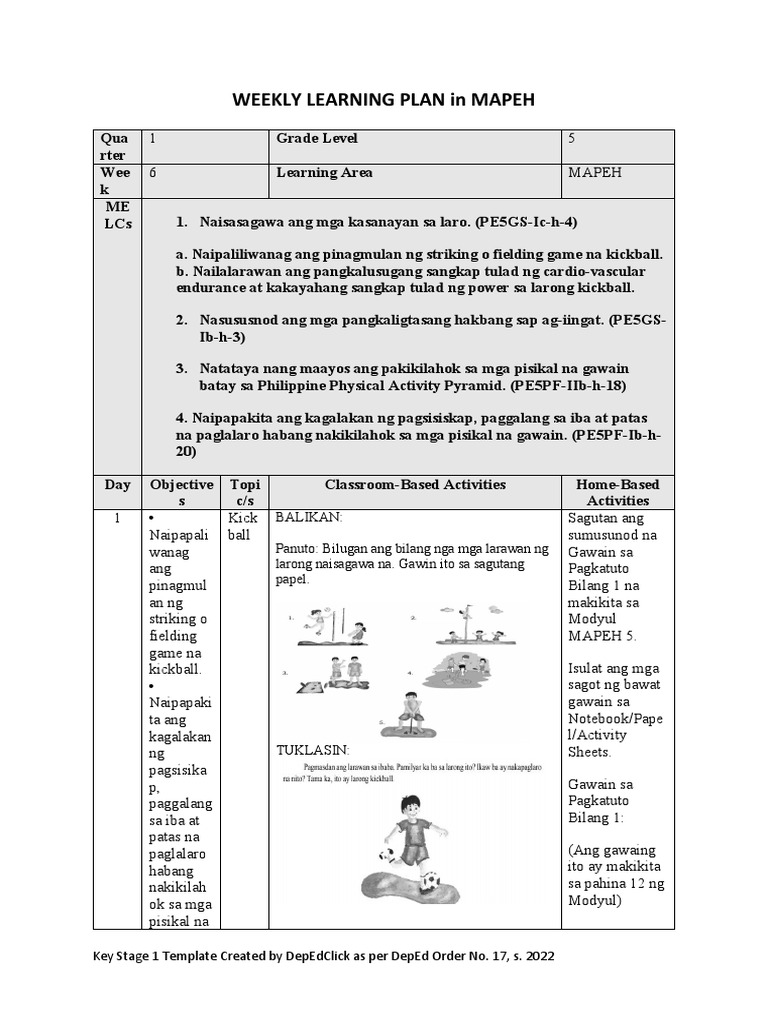 Weekly Learning Plan in Mapeh (Week 6) P.E | PDF