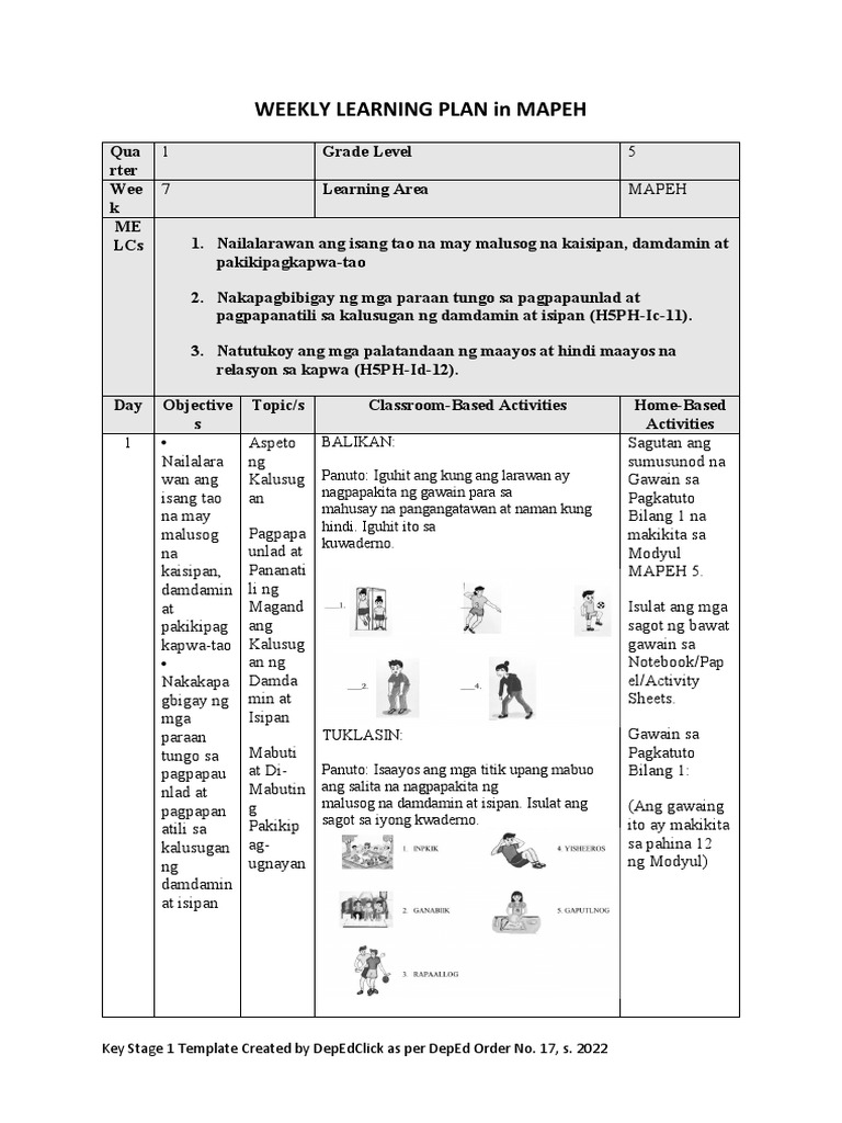 Weekly Learning Plan in Mapeh (Week 7) Health | PDF