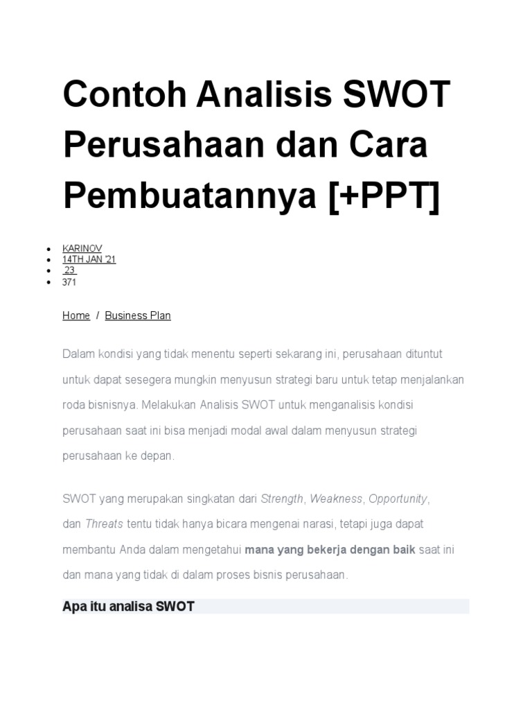 Contoh Analisis SWOT Perusahaan Dan Cara Pembuatannya | PDF
