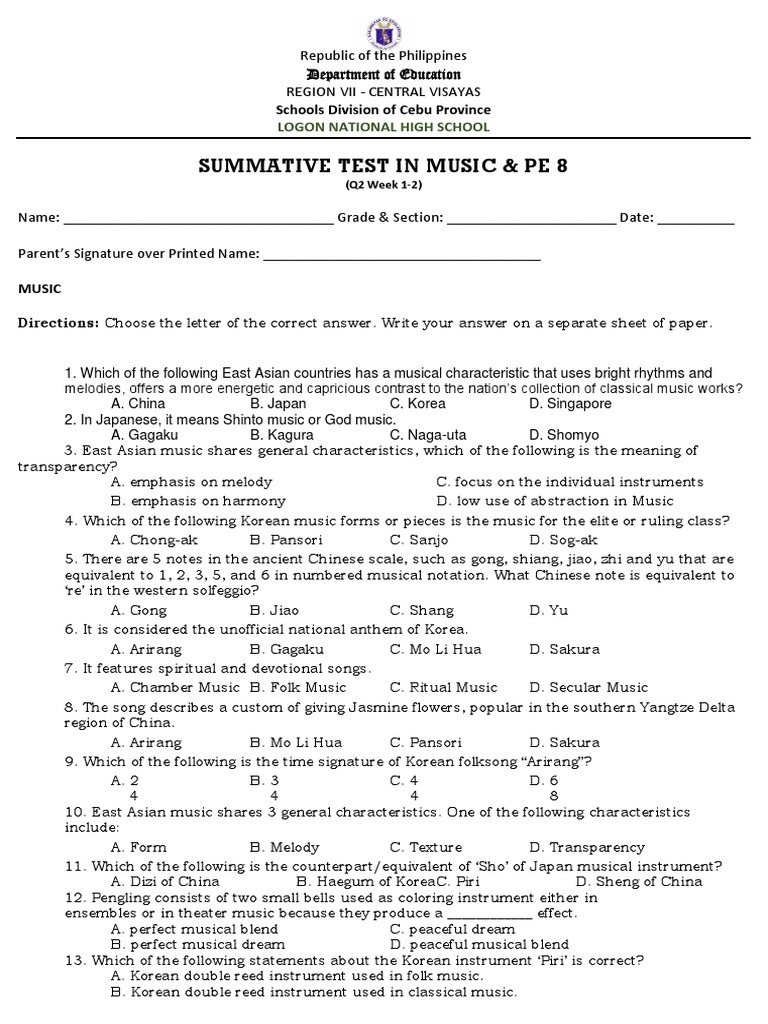 Summative Test in Music & PE 8 q2 (Week 1-2) | PDF | Physical Fitness ...