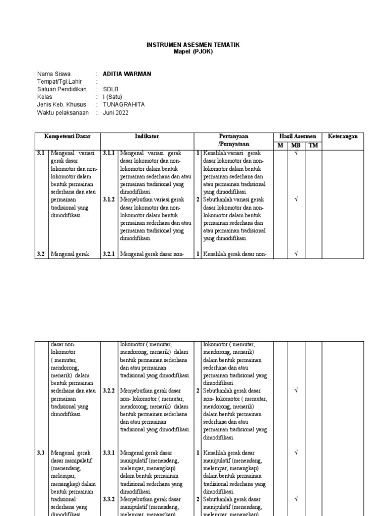 Asesmen Kelas 1.C Pjok | PDF