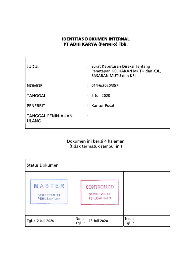 20 Skd-357 Penetapan Kebijakan Mutu Dan k3l Dan Sasaran Mutu Dan k3l | PDF