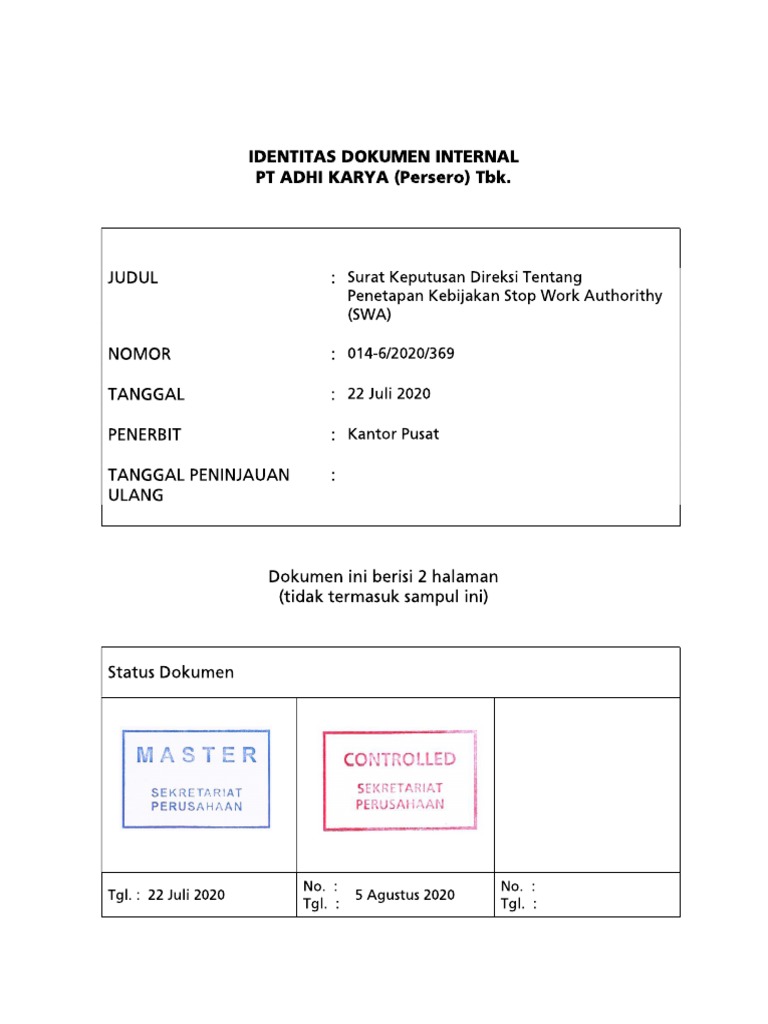 20 SKD-369 Penetapan Kebijakan Stop Work Authorithy (SWA) | PDF