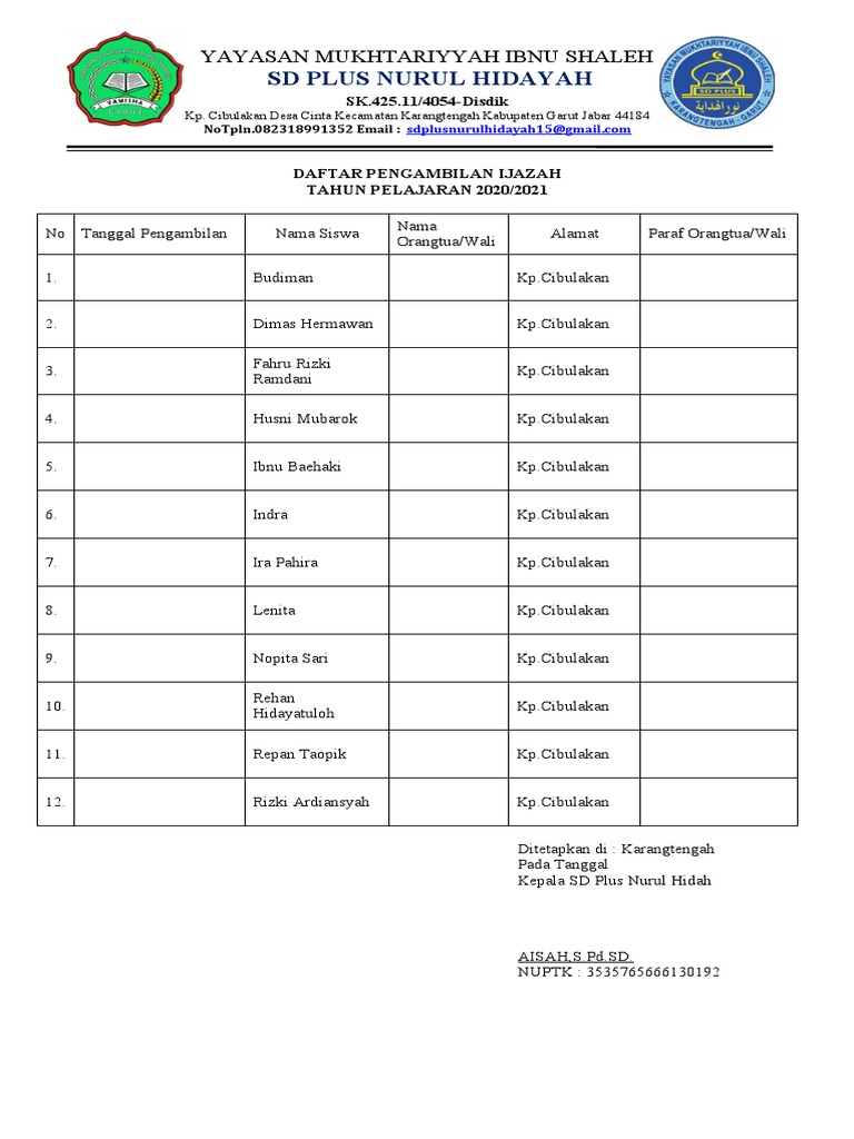 Daftar Pengambilan Ijazah SD 2020/2021 | PDF