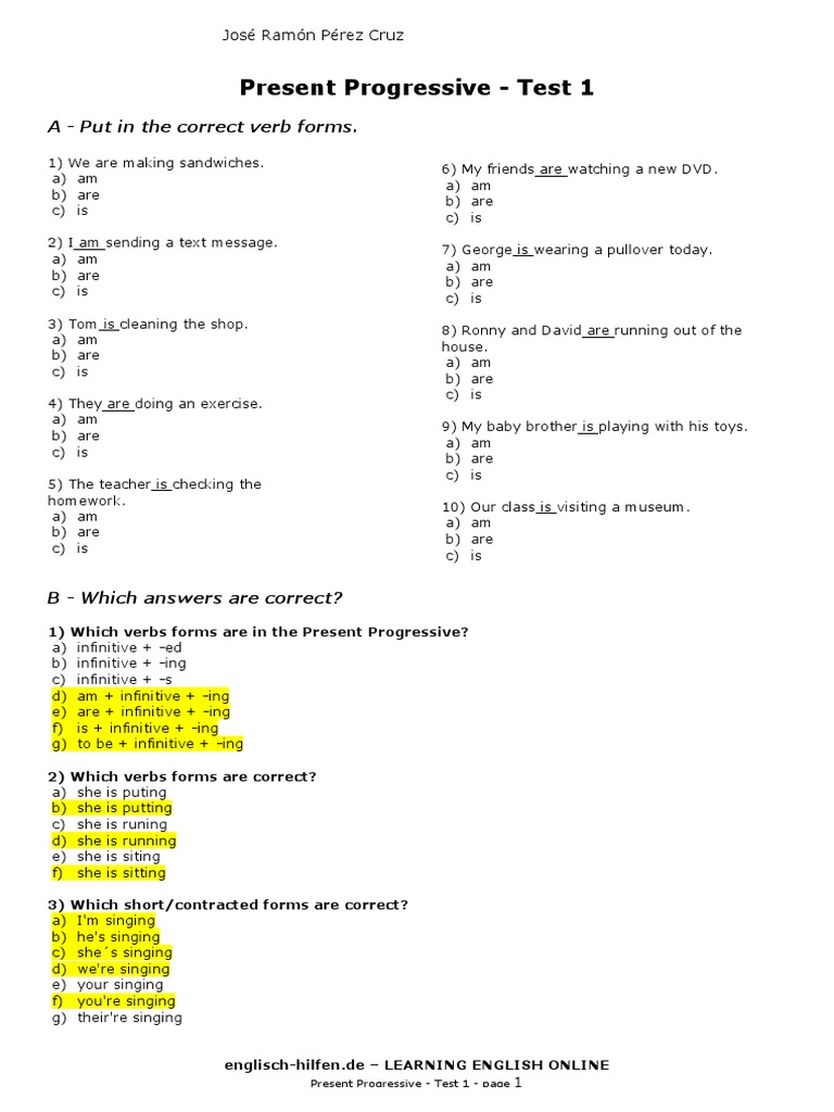 Present Progressive Test for English Learners | PDF | Language Arts ...
