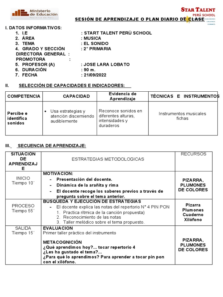 Sesión de Aprendizaje o Plan Diario de Clase | PDF | Aprendizaje ...