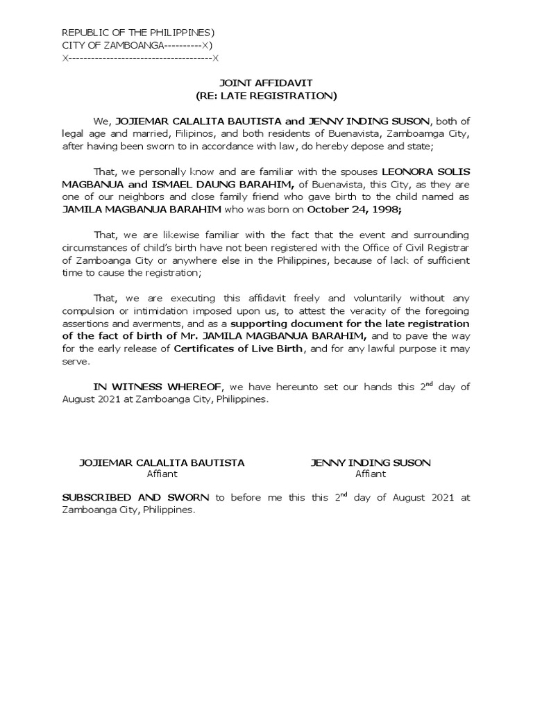 Affidavit of Late Registration | PDF | Affidavit | Public Law