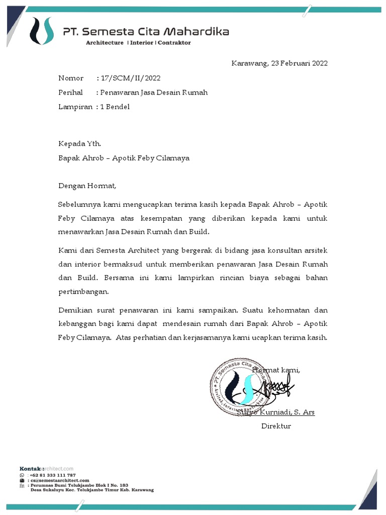 Surat Penawaran Jasa Arsitek Pa Ahrob Cilamaya | PDF