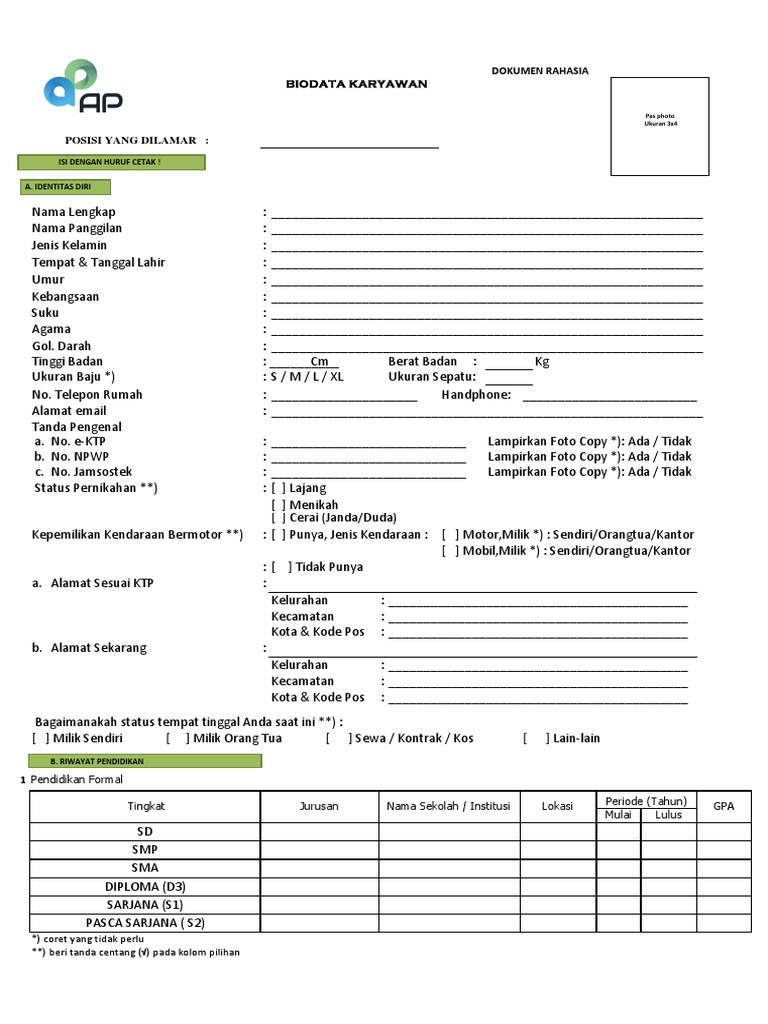 Form Biodata Karyawan | PDF