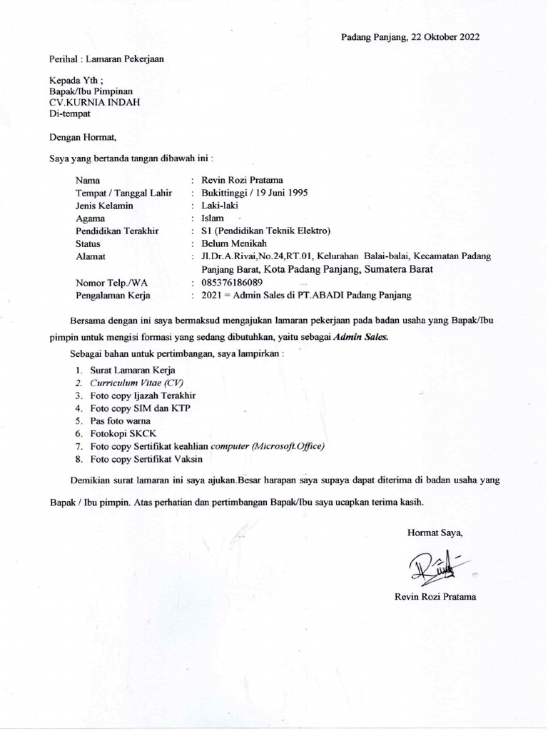 Pelamar Admin - Revin | PDF