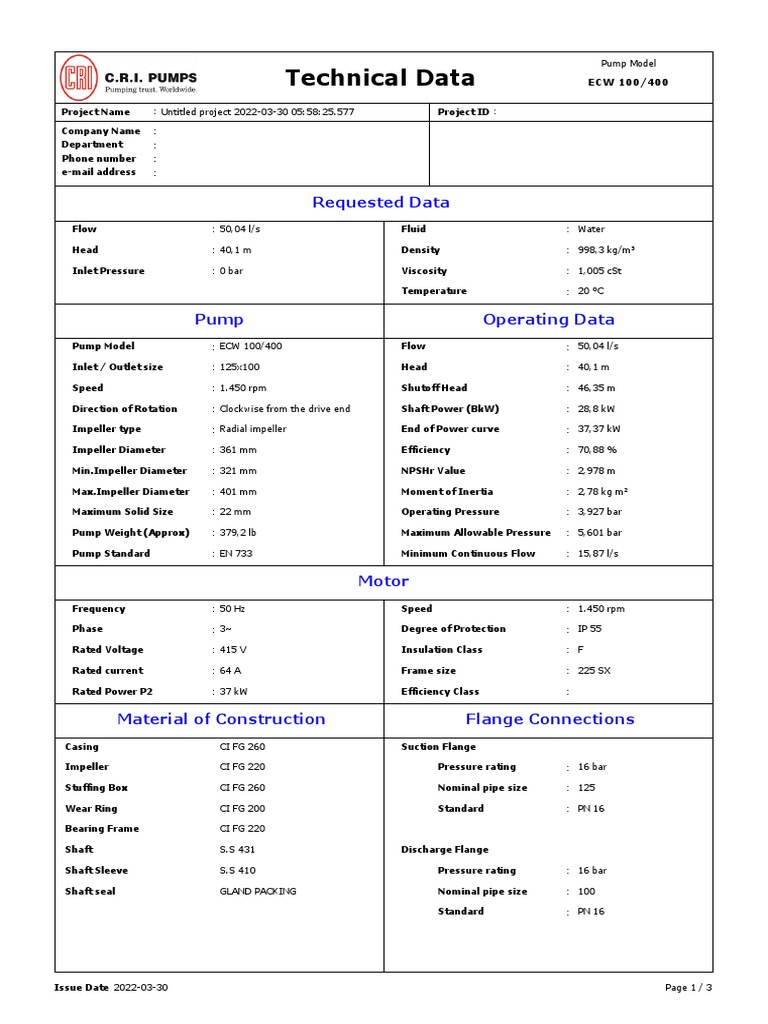 Data Sheet ECW 100 400 | PDF | Pump | Manufactured Goods