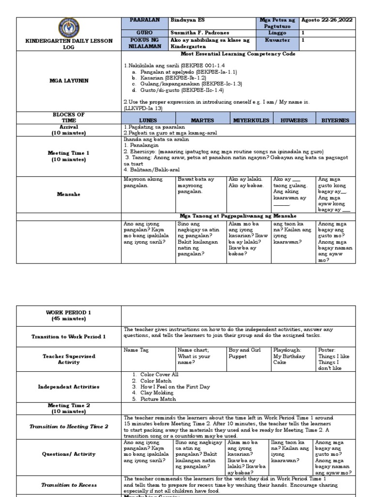 Kindergaten DLL Q1 W1 | PDF